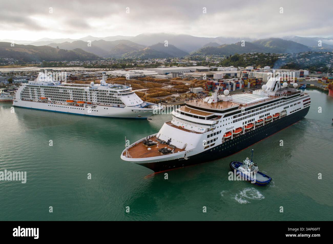 Nelson, New Zealand - 26 January 2020: Aerial view of cruise ships in a ...