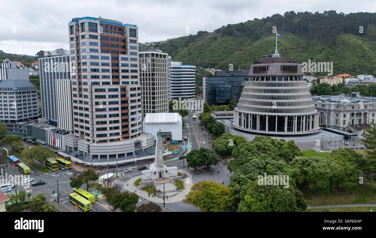 Aerial view of beehive parliament and modern buildings surrounded by ...