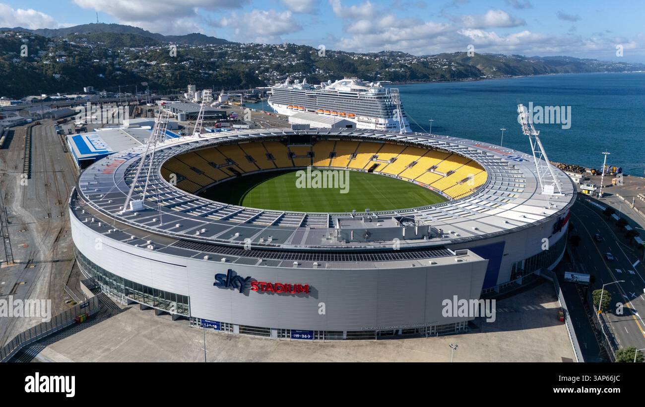 Wellington, New Zealand - 09 February 2025: Aerial view of sky stadium ...