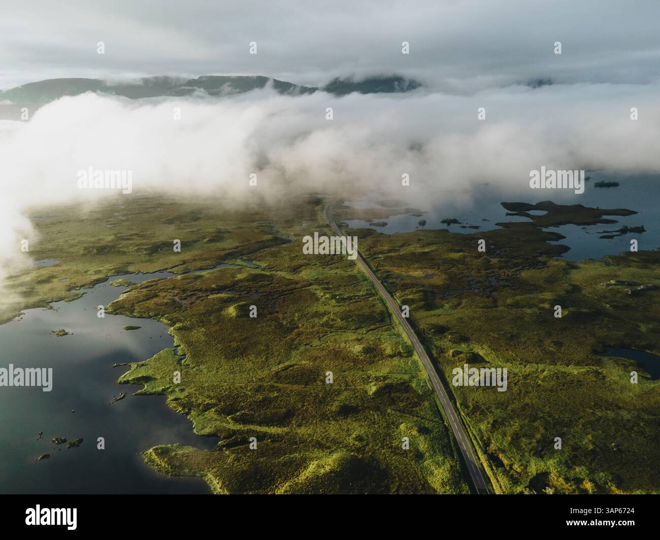 Aerial view of tranquil highlands with a winding road through lush ...