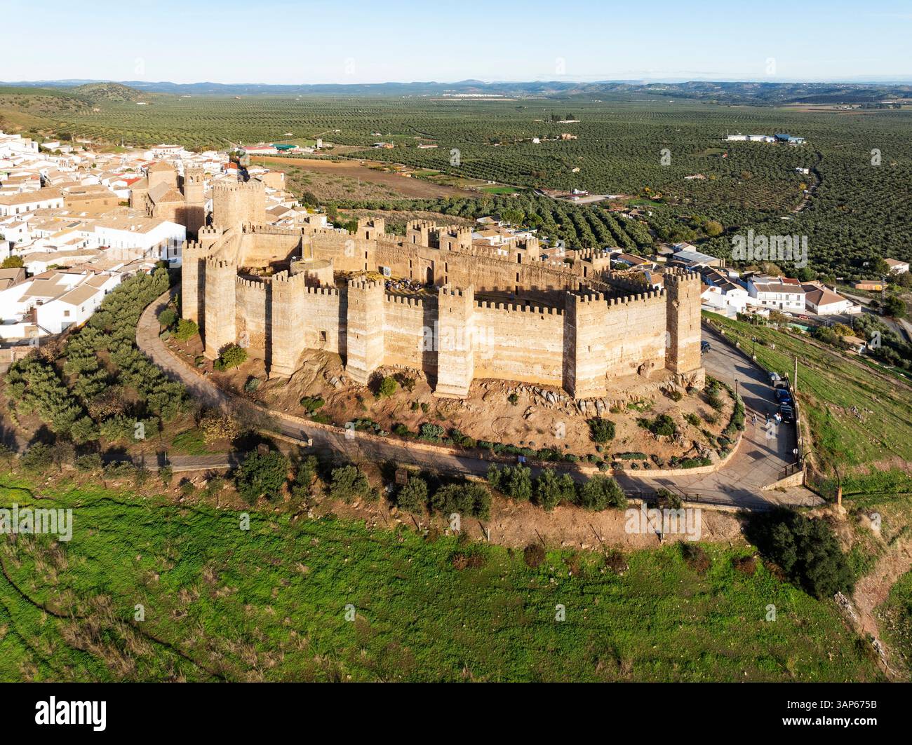 Aerial view of historic castle and fortress with ancient stone walls in ...