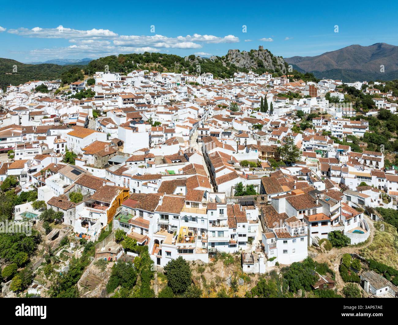 Aerial view of picturesque mountain village with white houses and ...