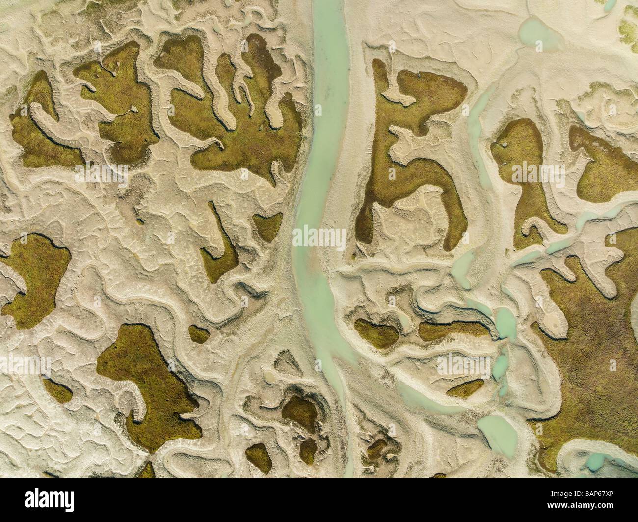 Aerial view of unusual silty wetlands with serpentine river patterns ...