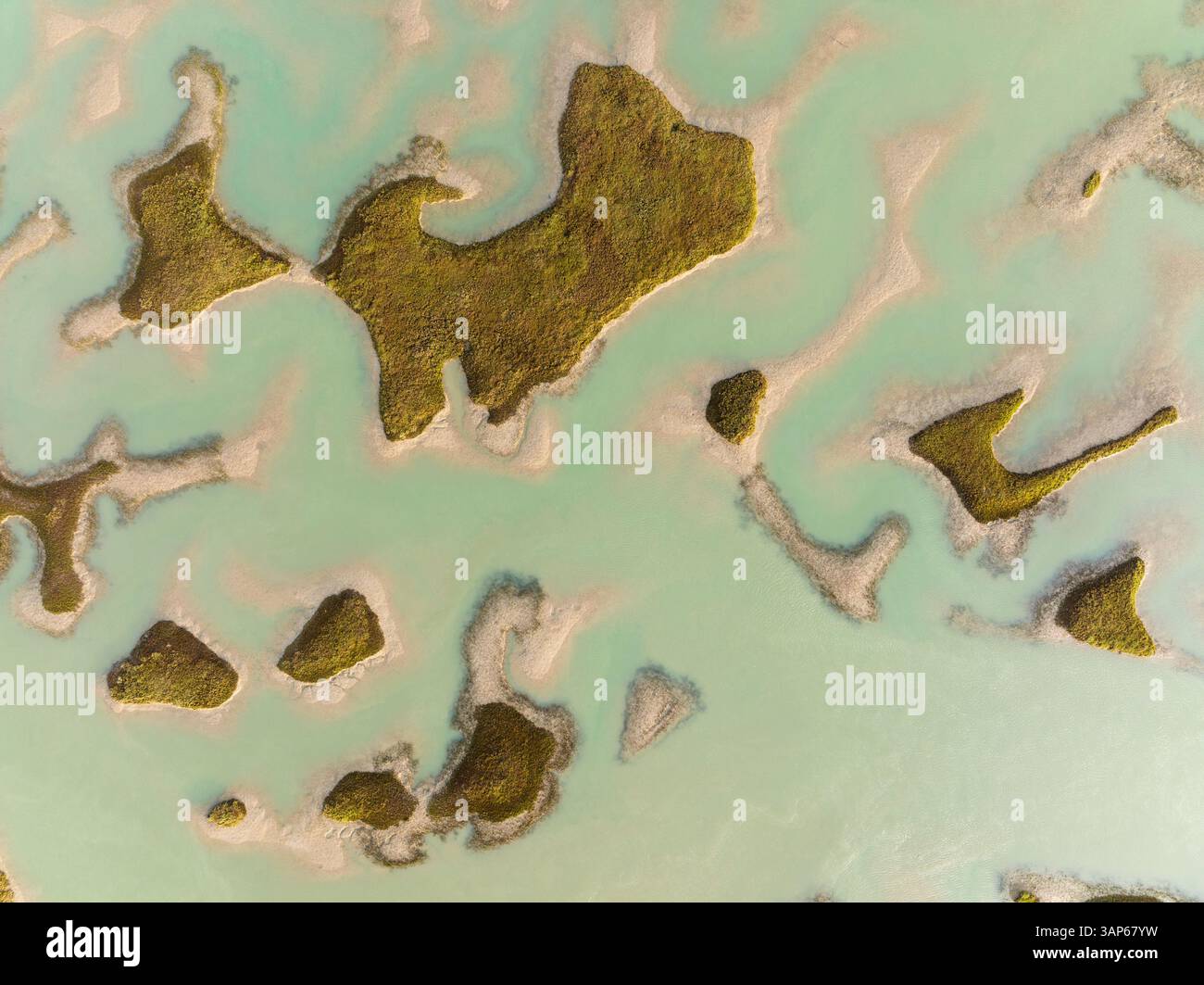 Aerial view of beautiful wetlands and islands with turquoise water ...