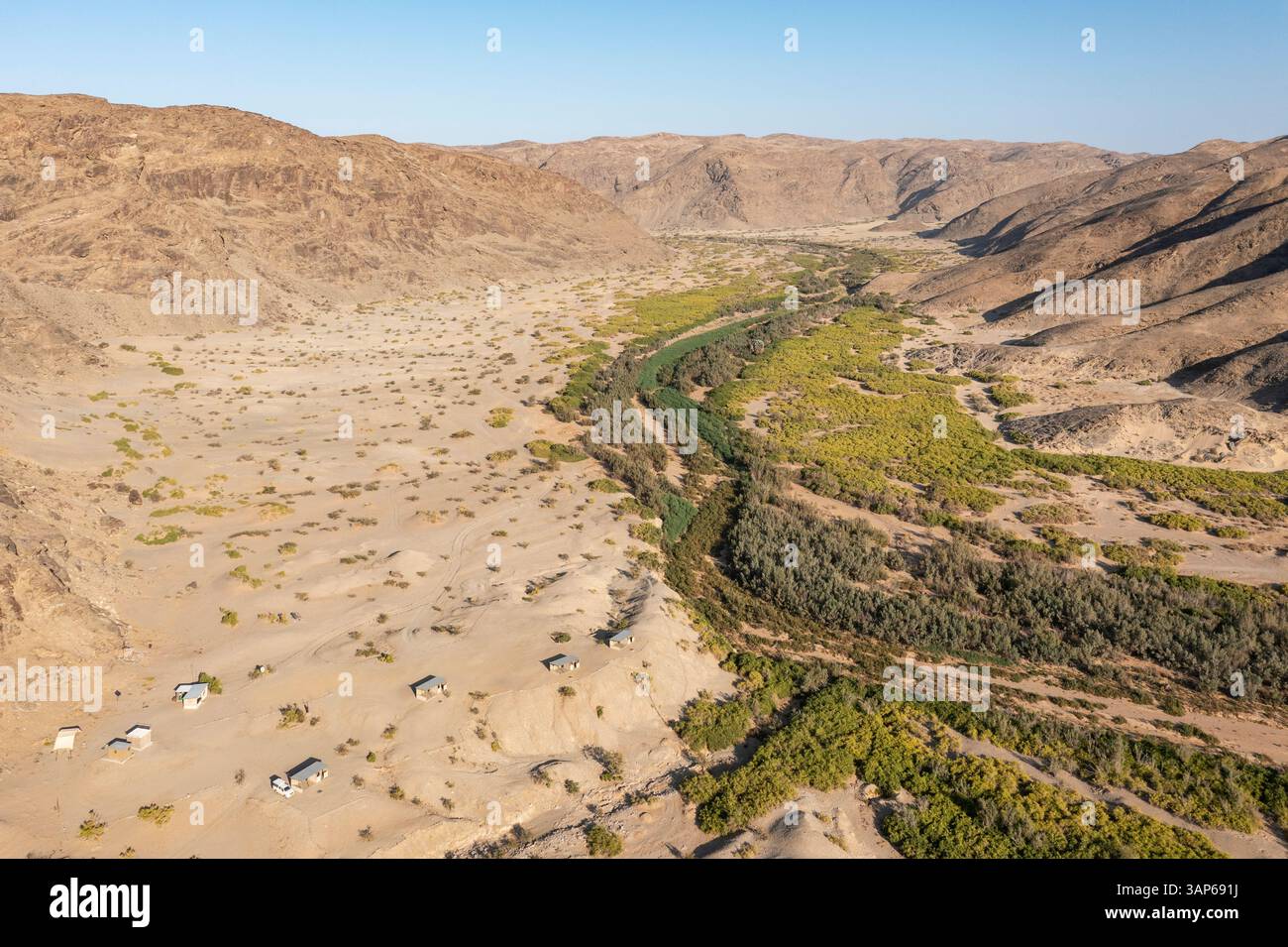 Aerial view of The dry bed of the Hoanib river, aerial view, drone shot ...