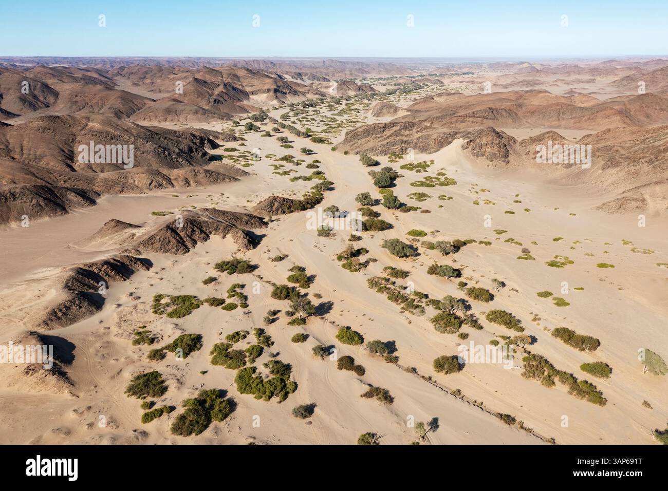 Aerial view of The dry bed of the Hoanib river, aerial view, drone shot ...