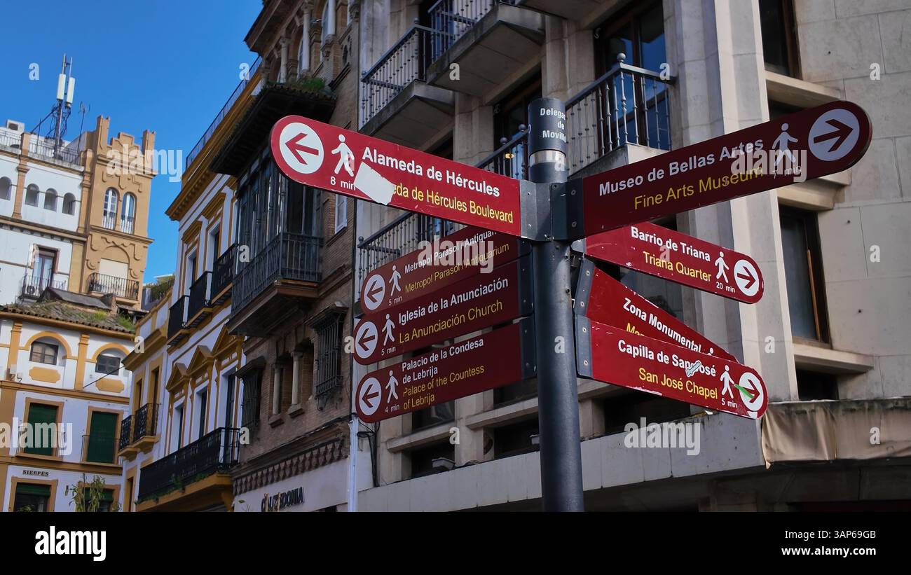Red walking distance signs pointing to popular tourist destinations in ...