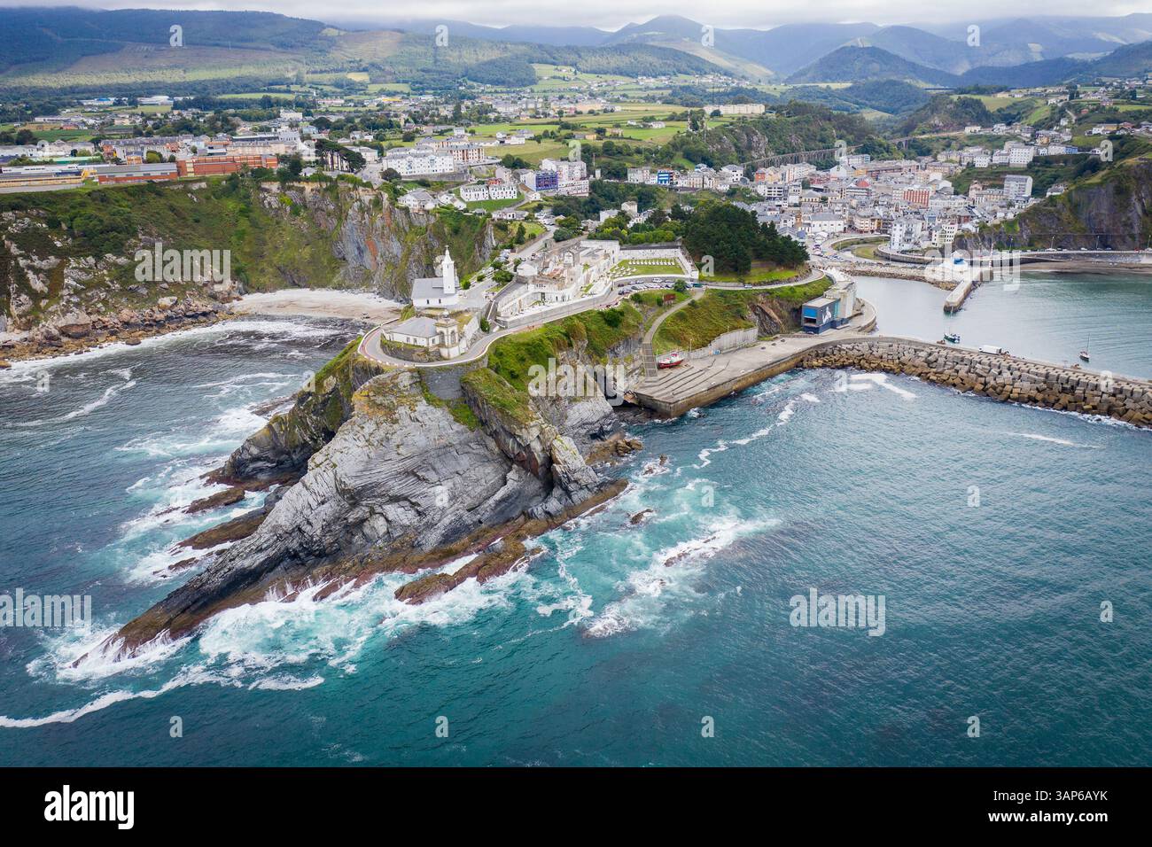 Aerial view of the Luarca light house in the town of Luarca, Asturias ...