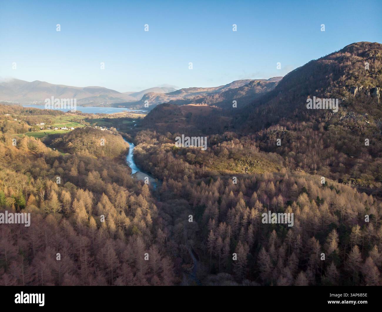 Aerial view of trees and the River Derwent, winding through hills ...