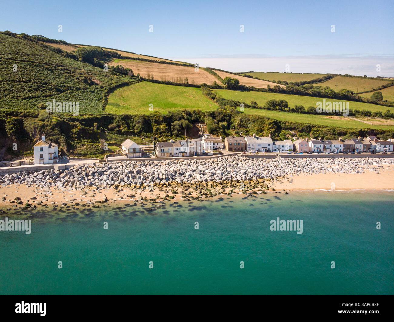 Aerial view of Beesands, between Hallsands and Torcross on the coast of Start Bay in South Devon ...