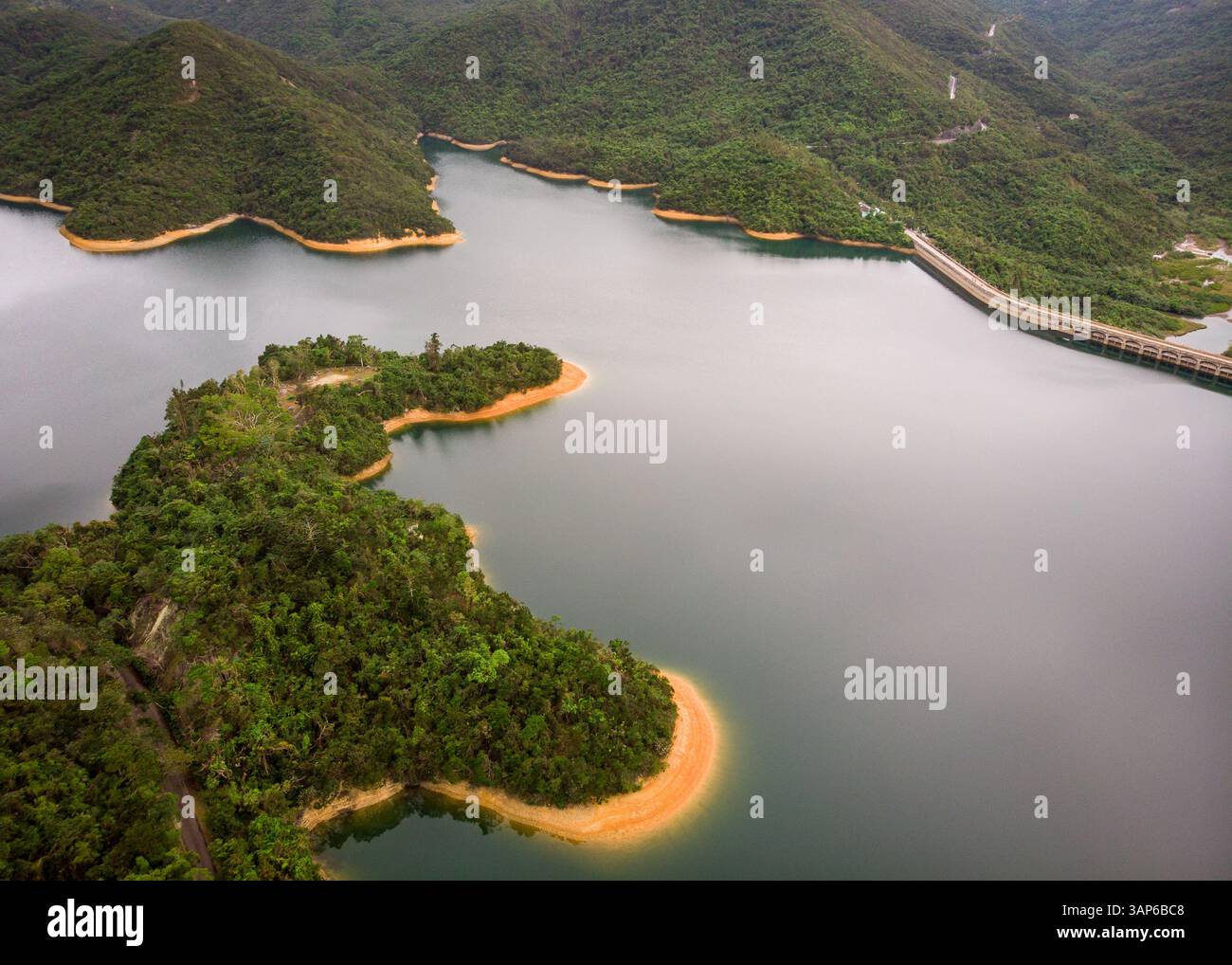 Aerial view of Tai Tam Tuk Reservoir, a popular area for hiking and ...