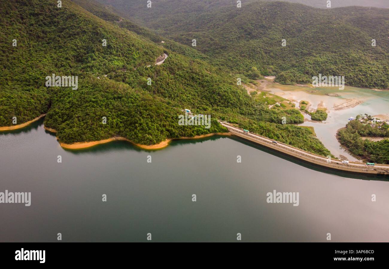 Aerial view of Tai Tam Reservoir Road, Tai Tam Tuk Reservoir, a popular ...