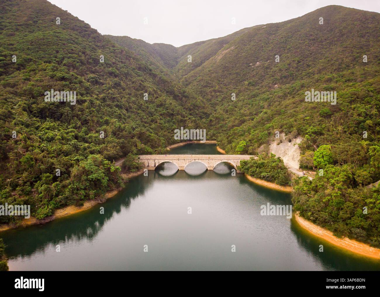 Aerial view of Tai Tam Tuk Reservoir, a popular area for hiking and ...