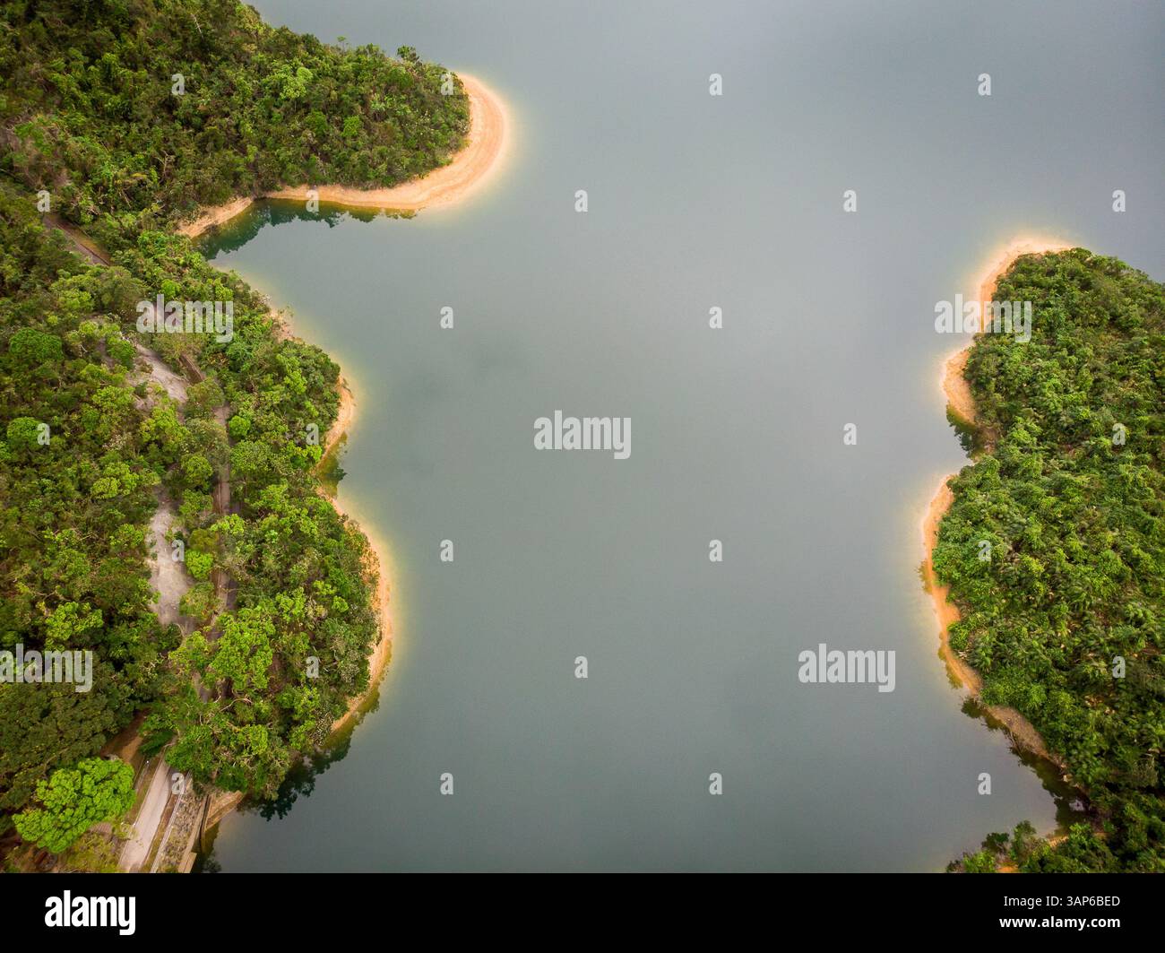 Aerial view of Tai Tam Tuk Reservoir, a popular area for hiking and ...