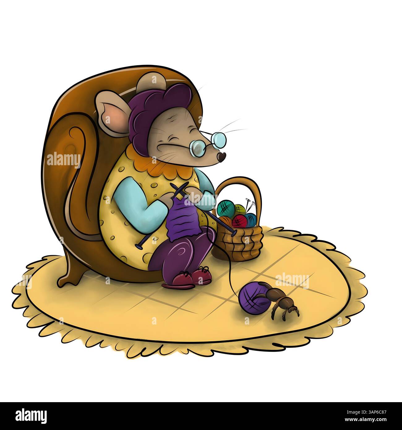 old mouse knitting in a chair in a cozy house, fairy tale character ...