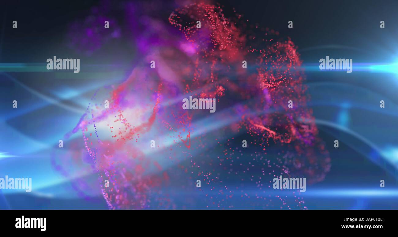 Image of moving glowing lights and waves over black background. color ...