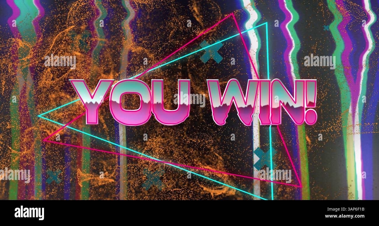 Image of you win text over glowing moving wave and colorful shapes ...