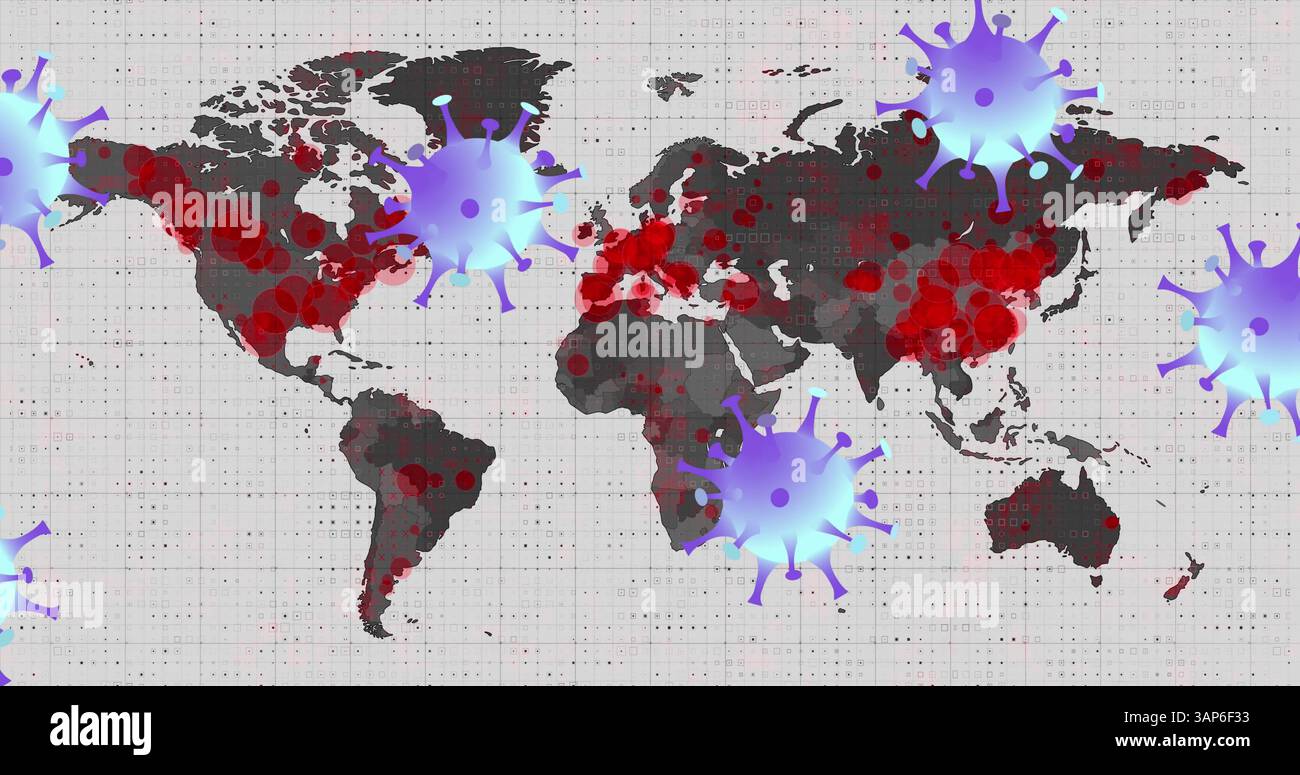 Image of covid 19 cell flying over world map Stock Photo - Alamy