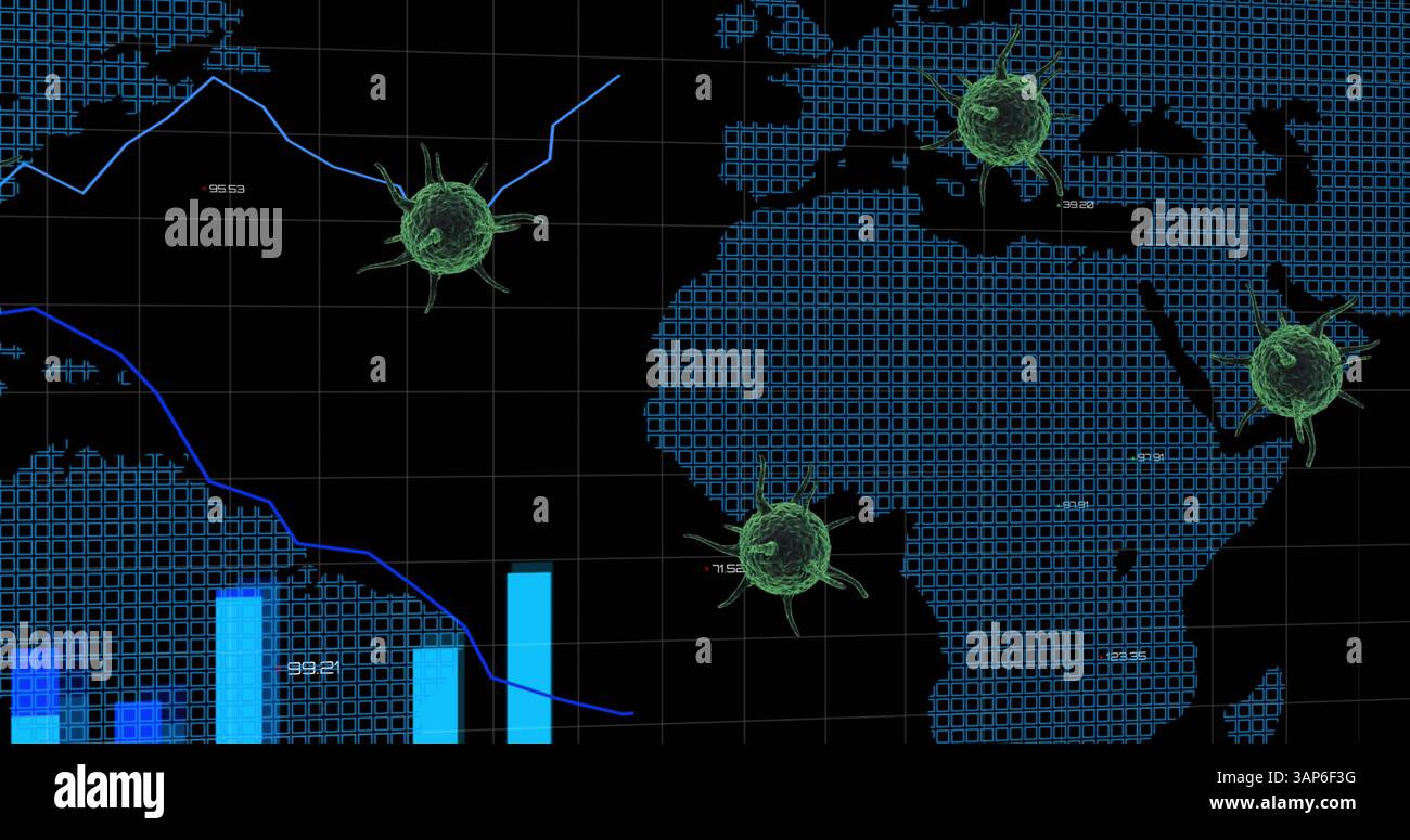 Image of covid 19 cell flying over world map Stock Photo - Alamy