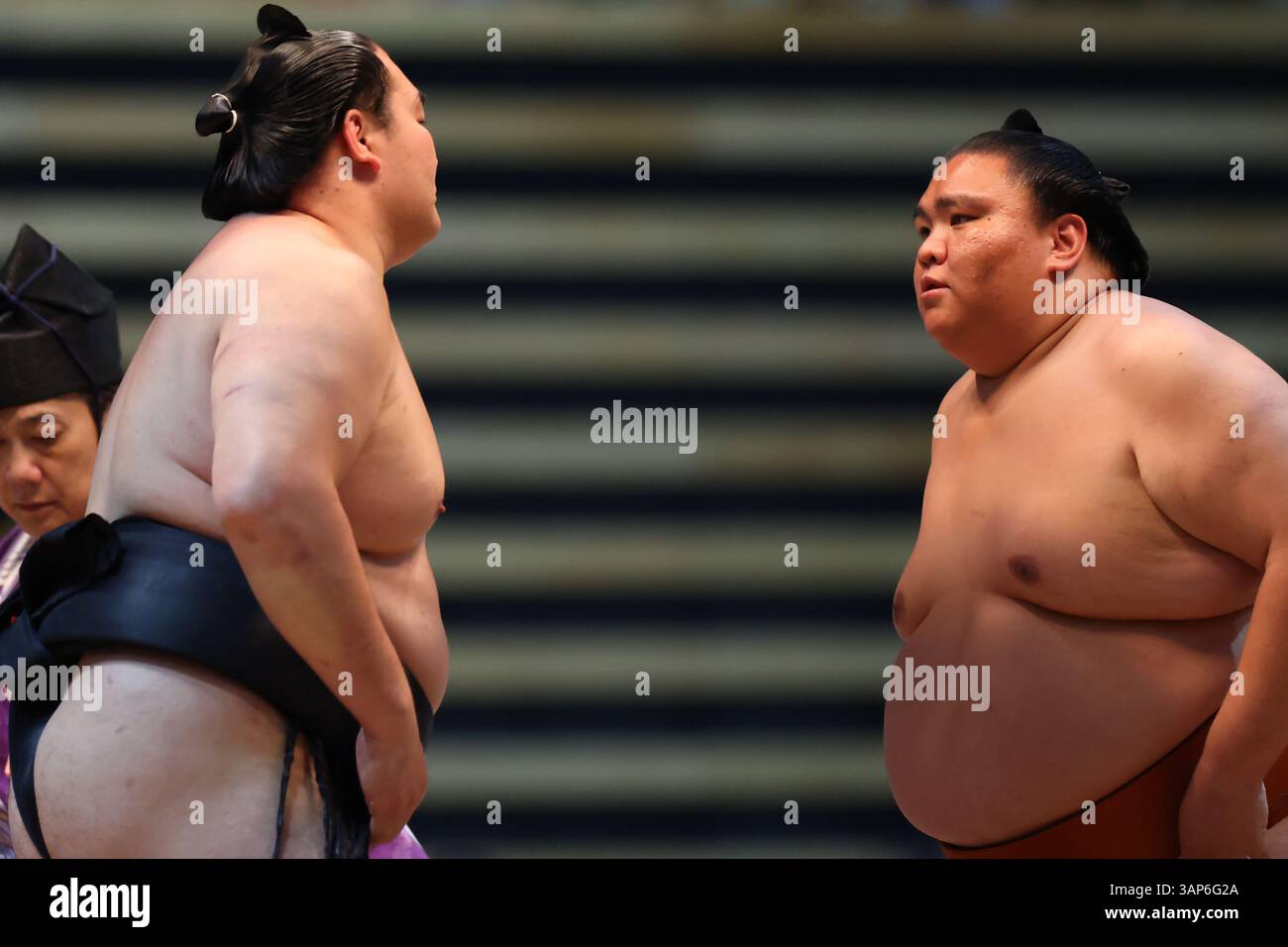 Tokyo, Japan. 15th Apr, 2025. (L-R) Ryuden, Mitakeumi Sumo : Jonan Ota ...