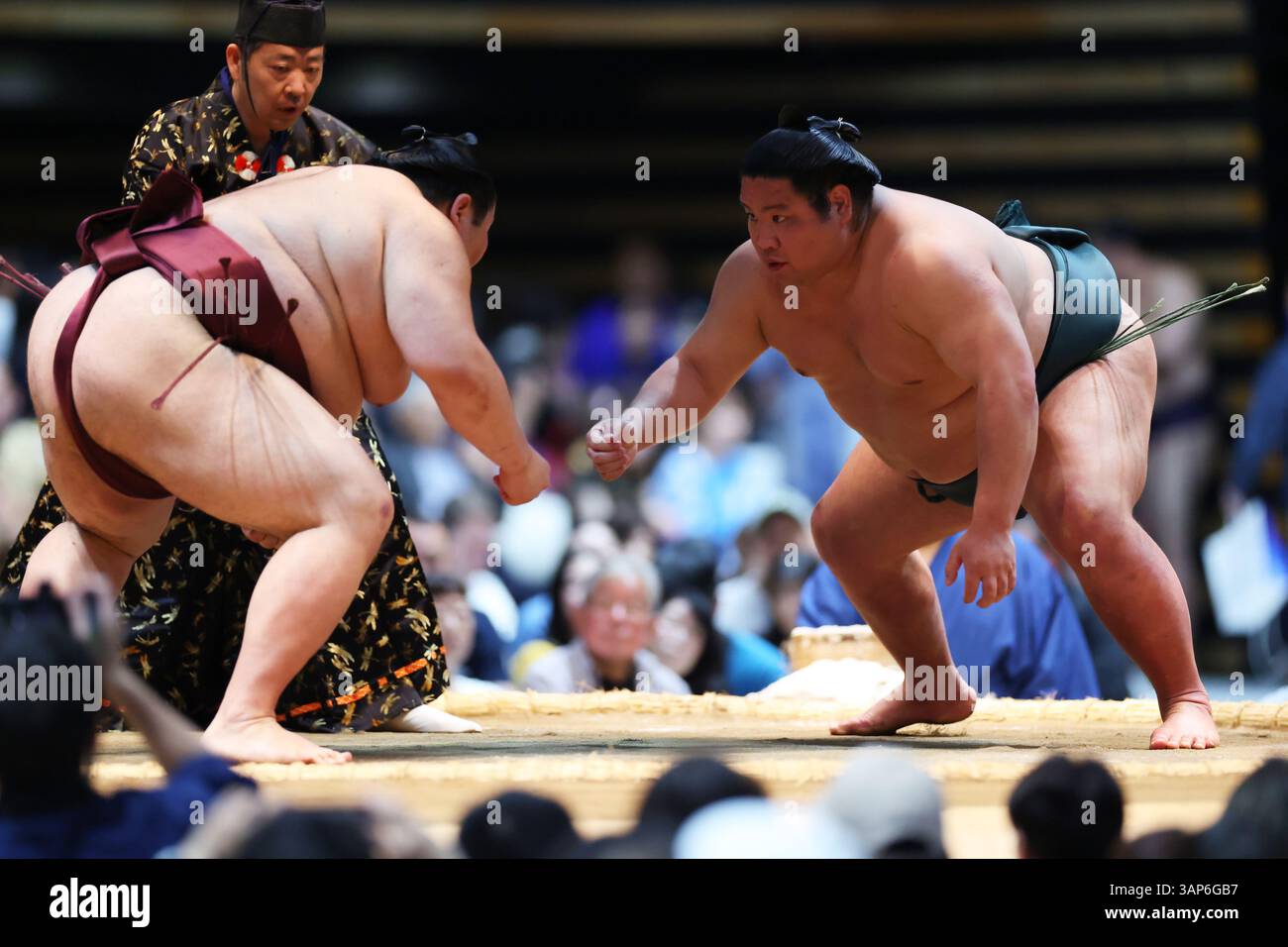 Tokyo, Japan. 15th Apr, 2025. (L-R) Atamifuji, Nishikigi Sumo : Jonan ...
