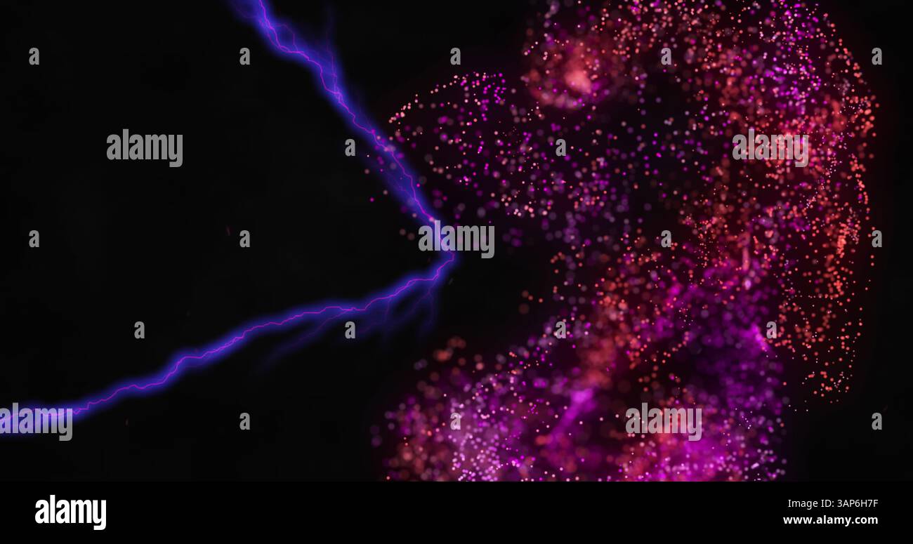 Image of glowing blue lightning flashes over floating pink particles on ...