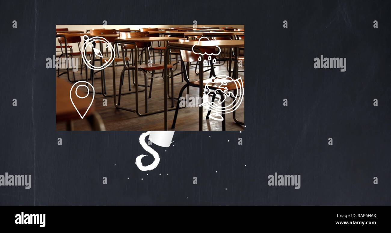 Image of school text and icons over classroom Stock Photo - Alamy