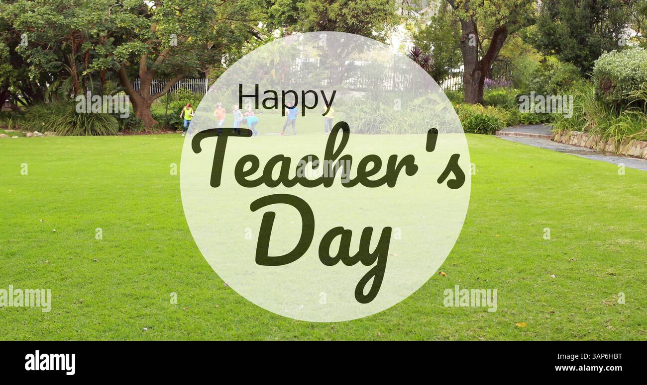 Image of happy teachers day text over diverse schoolchildren running ...