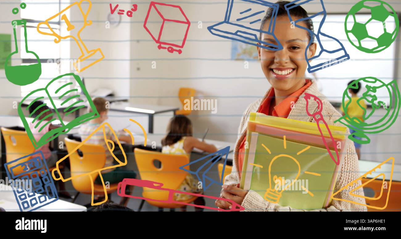 Image of school icons over smiling female teacher and school children ...