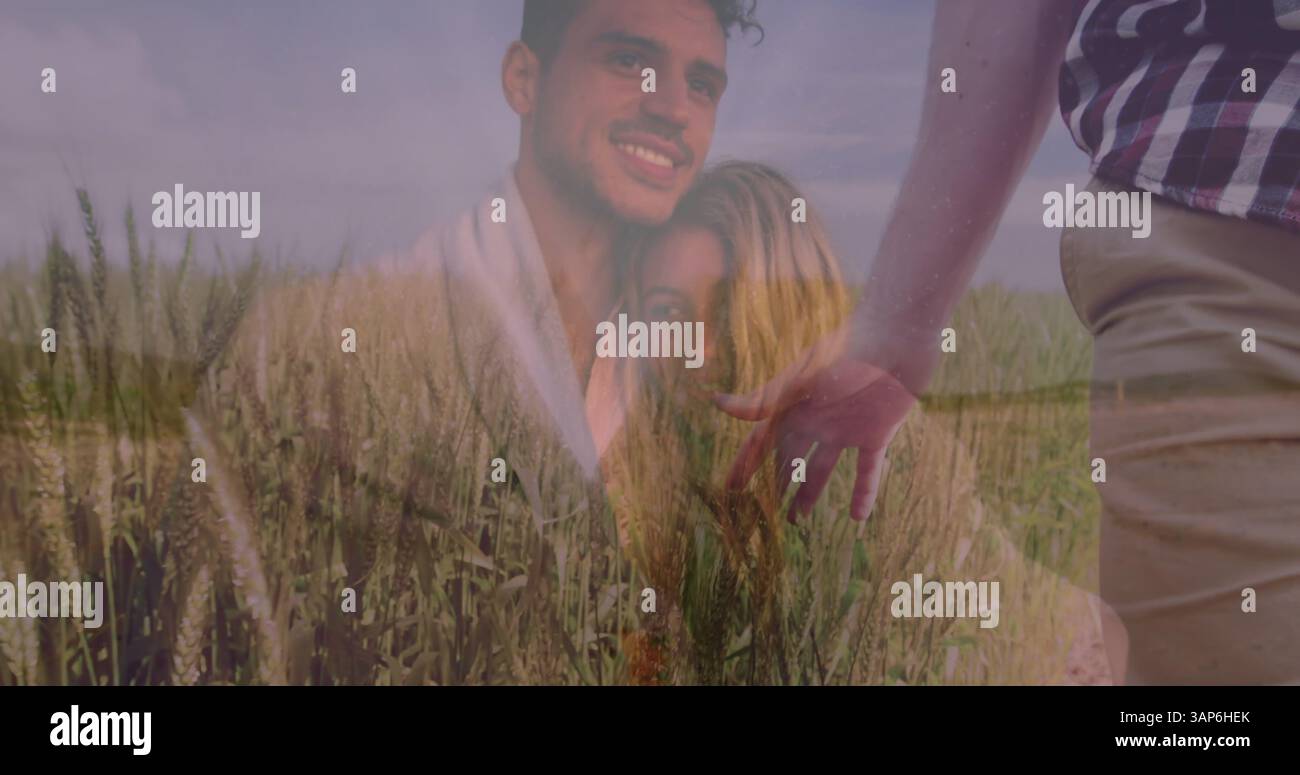 Image of caucasian couple cuddling and man walking in summer field ...