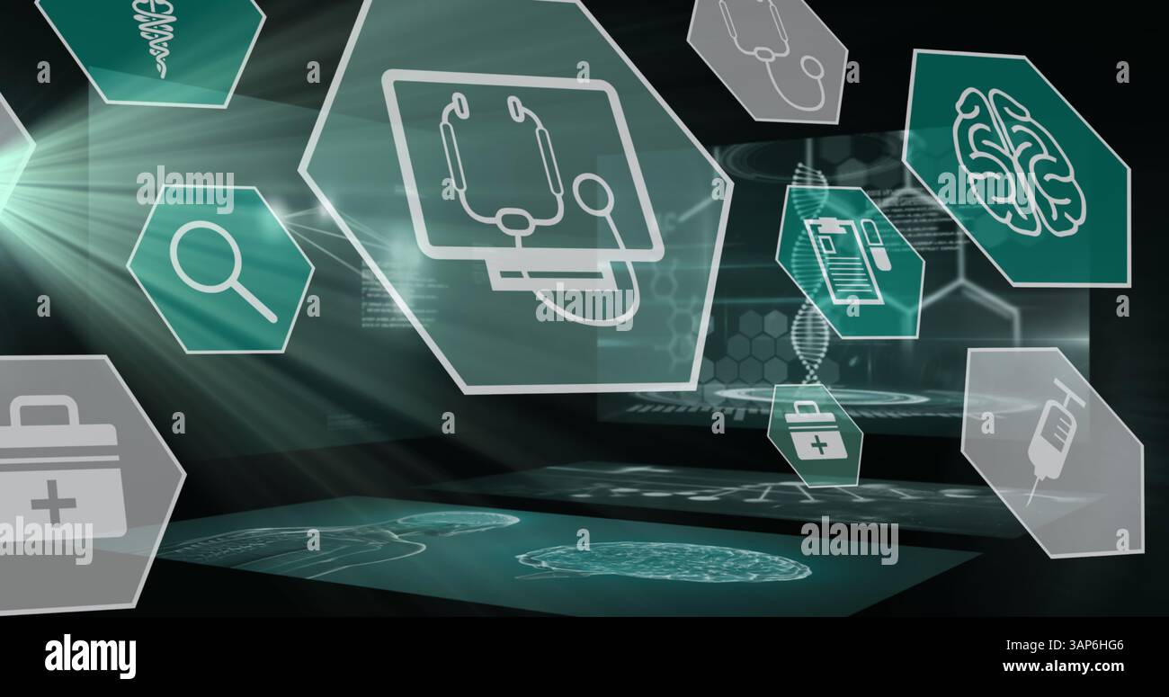 Image of digital interface with medical icons on black background Stock ...
