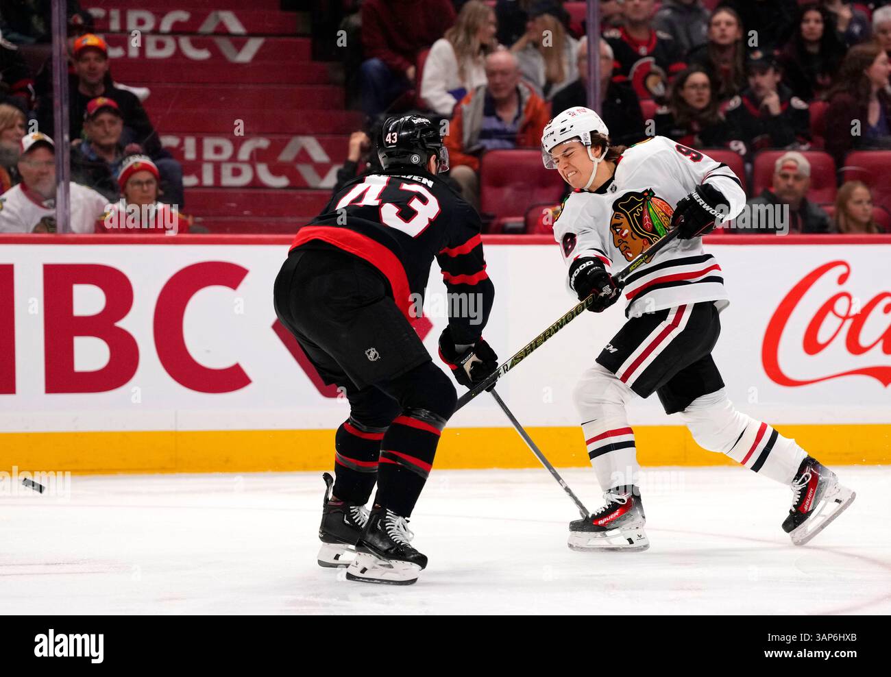 Chicago Blackhawks' Connor Bedard (98) takes a shot to score on Ottawa ...