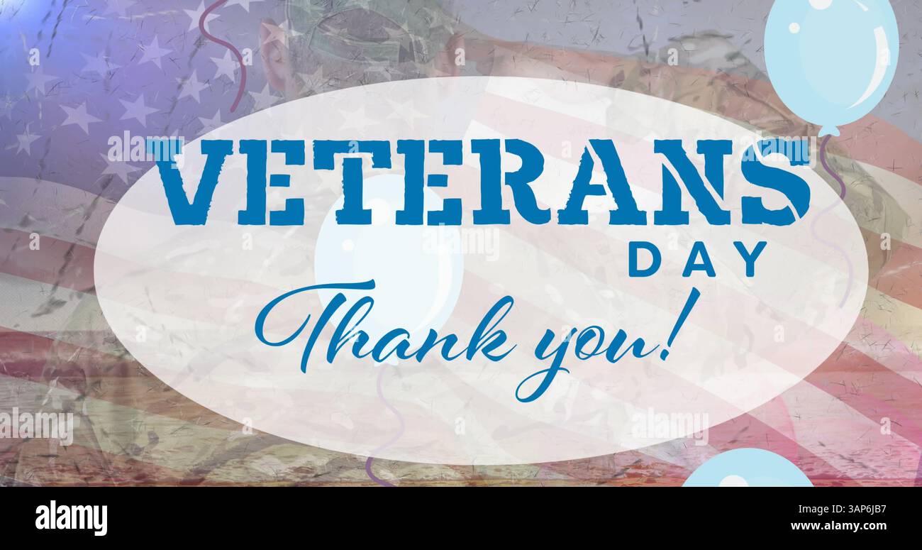 Image of veterans day thank you text over balloons, caucasian male ...