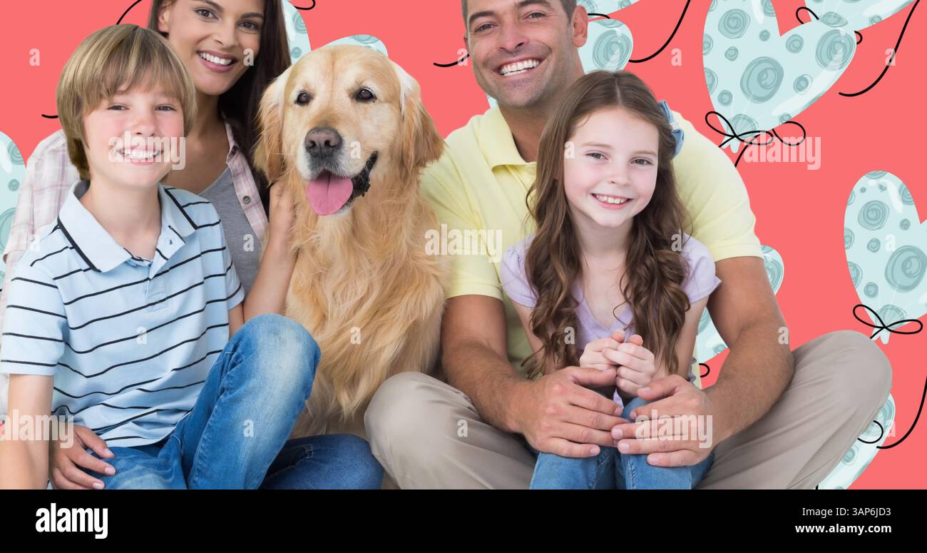 Image of happy parents with son, daughter and pet dog, with heart ...
