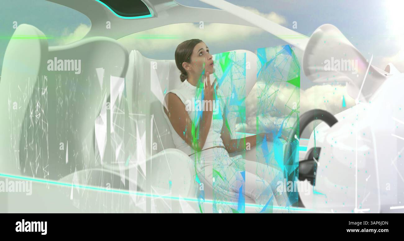 Image of data processing over woman in self drive car Stock Photo - Alamy