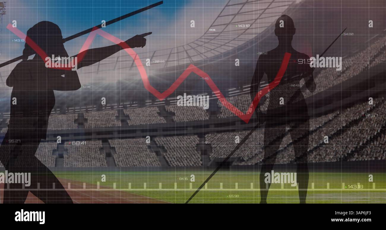 Image of graphs and data processing over female athlete with javelin at ...