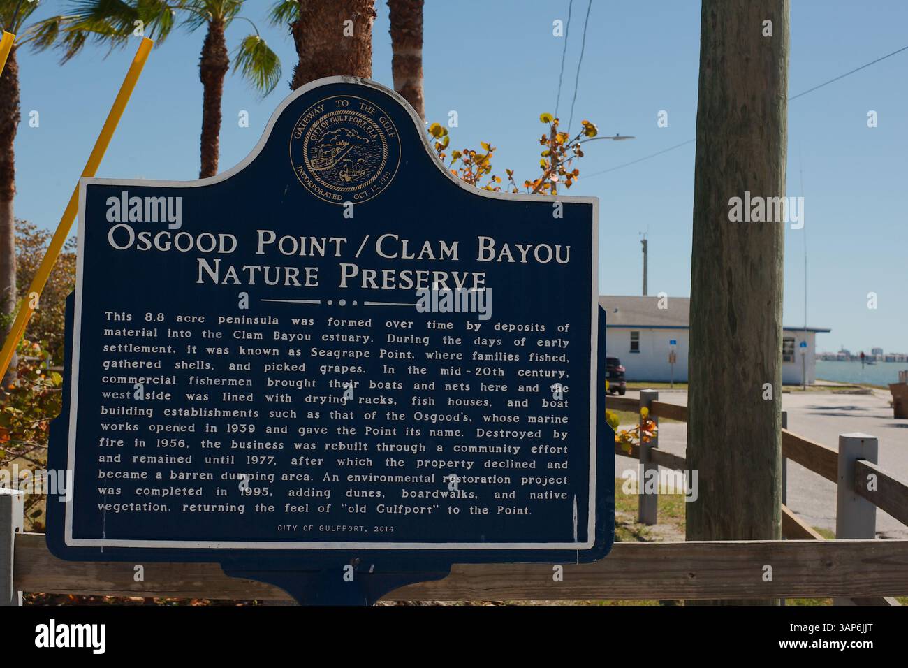 Editorial Use Only Blue and white sign for Osgood Point Clam Bayou ...