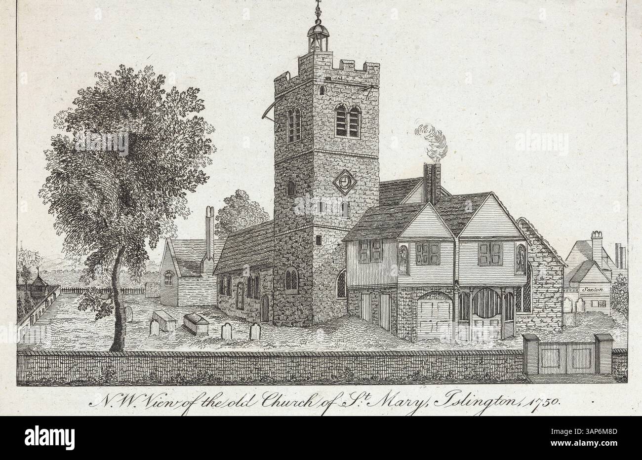 A print engraving of a view of the old church of St Marys Islington ...