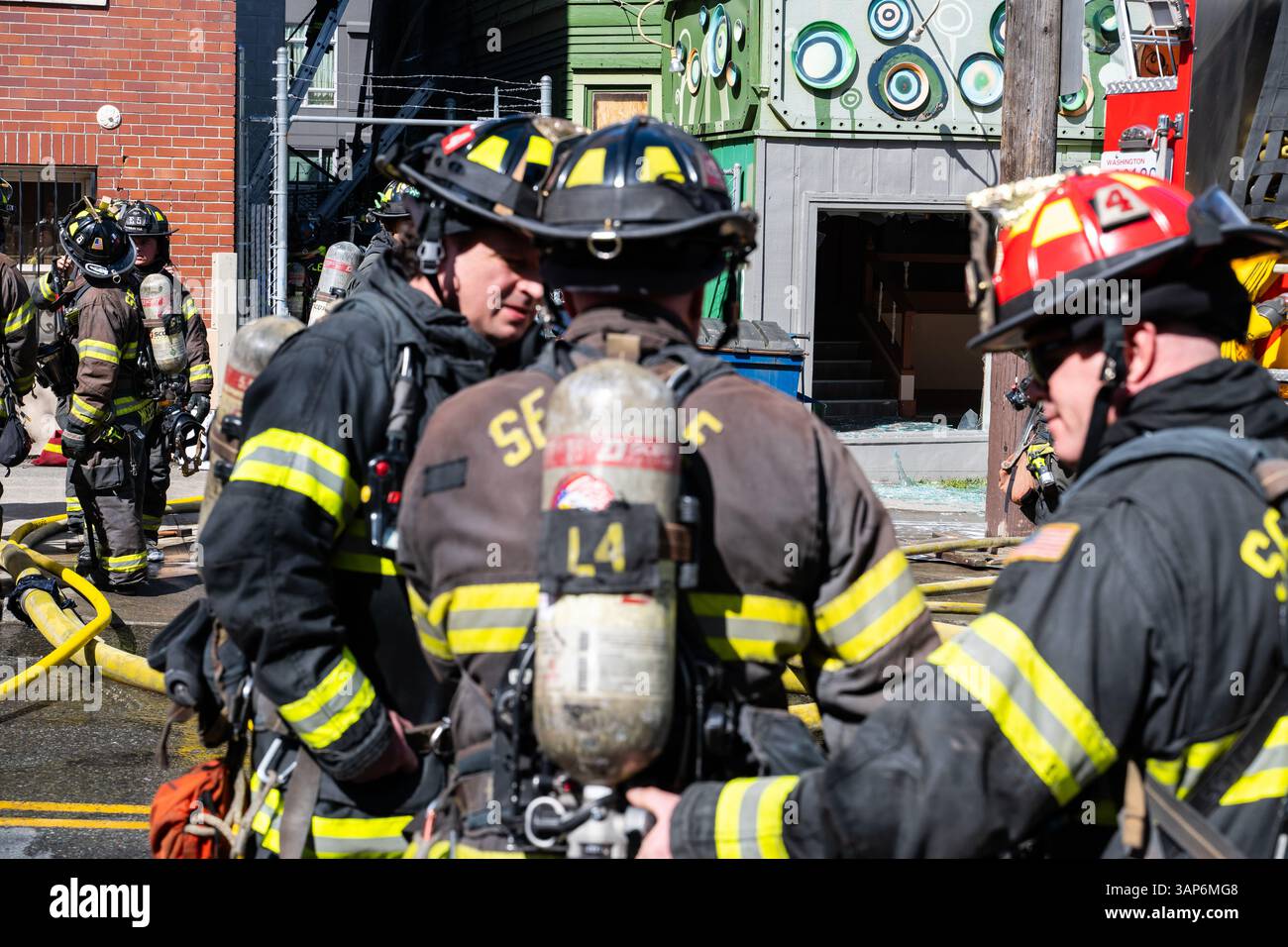 Seattle, USA. 15th Apr 2025. Mid-day the Seattle Fire Department at an ...