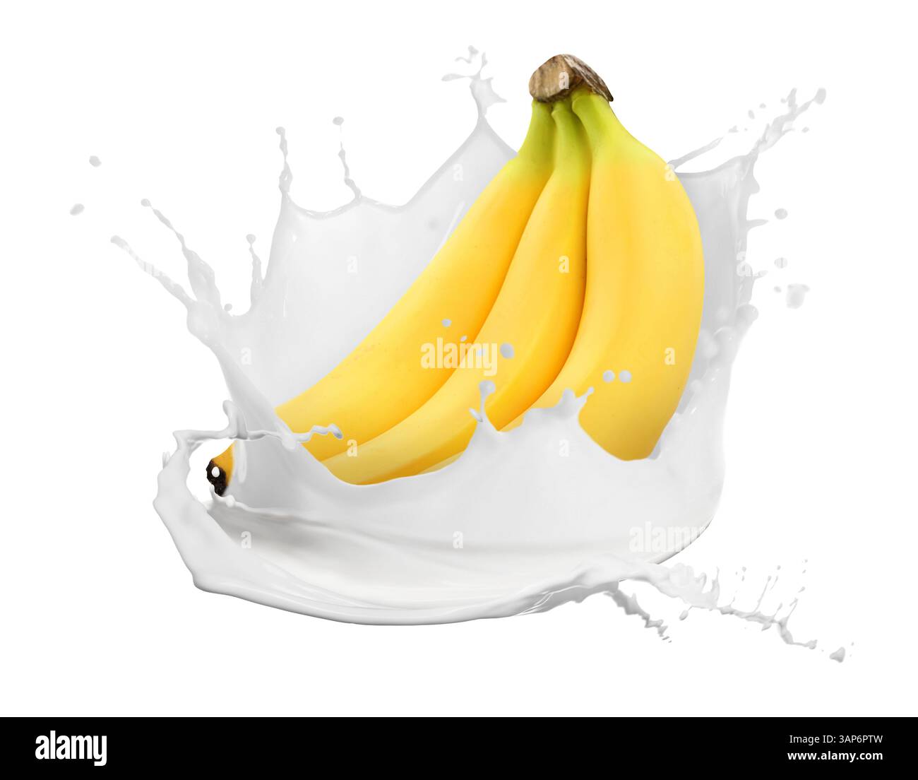 Splash of milk with bananas in air on white background Stock Photo - Alamy