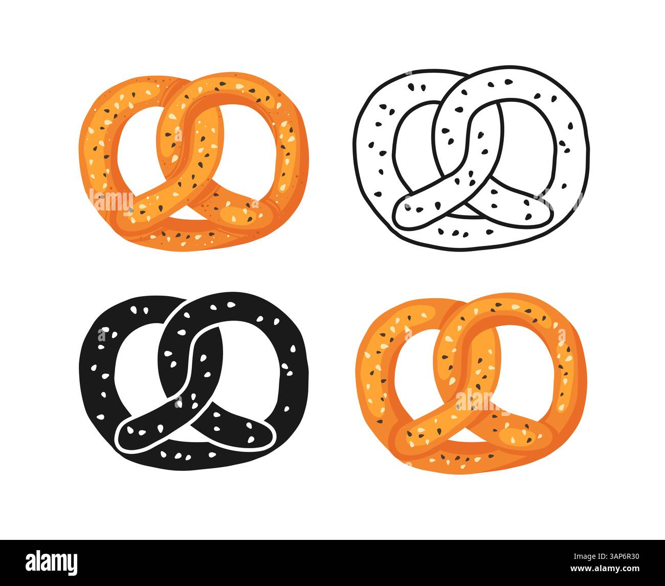 Pretzel with sesame traditional German Bavarian food. Hand drawn wheat ...
