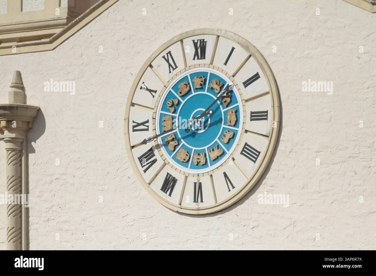 Florida, USA. Large clock on the facade of a building in downtown West ...