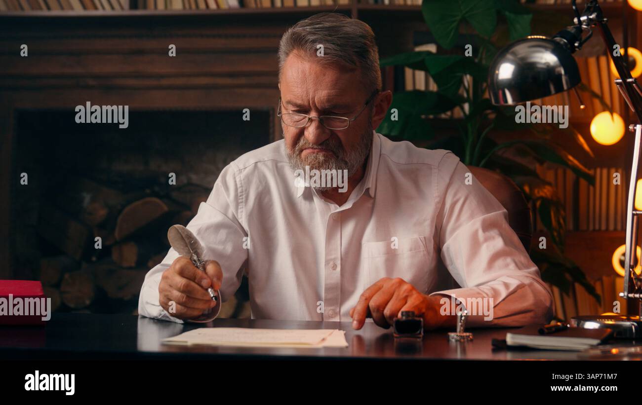 Annoyed Caucasian old elderly man write paperwork mistake office ...