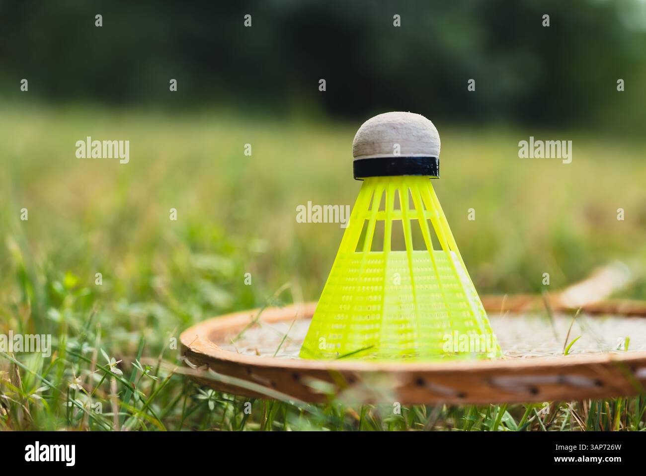 Badminton racket and shuttlecock lie on green grass. Outside recreation ...