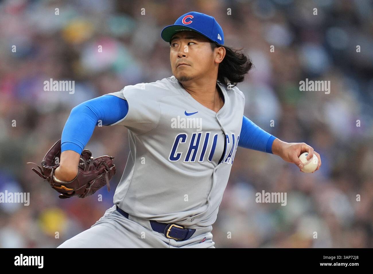 Chicago Cubs starting pitcher Shota Imanaga works against a San Diego Padres batter during the ...