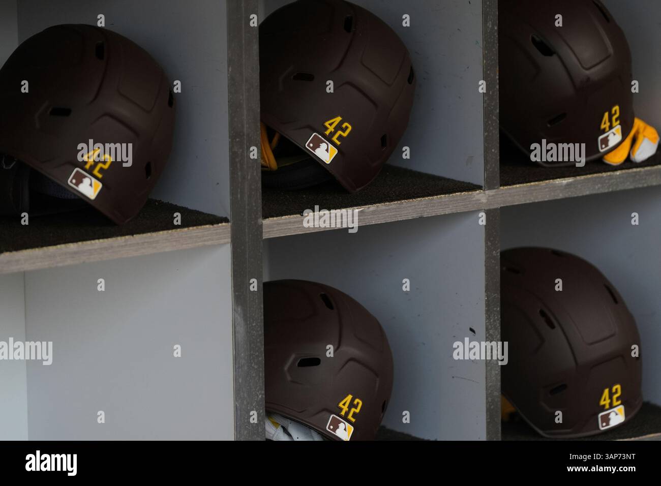 Number 42 San Diego Padres batters helmets, in honor of Jackie Robinson ...