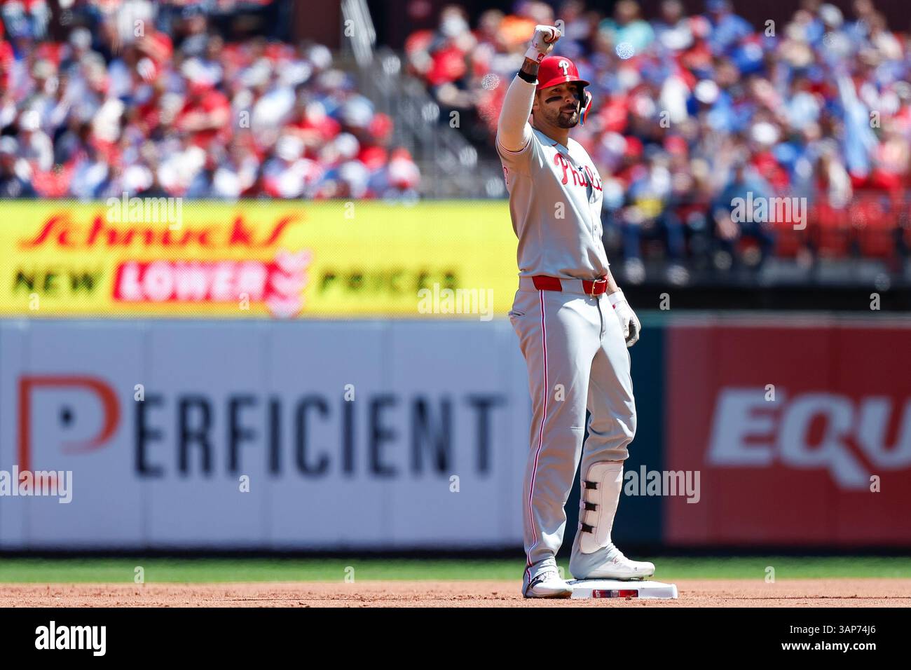 Nick Castellanos #8 of the Philadelphia Phillies celebrates a double ...