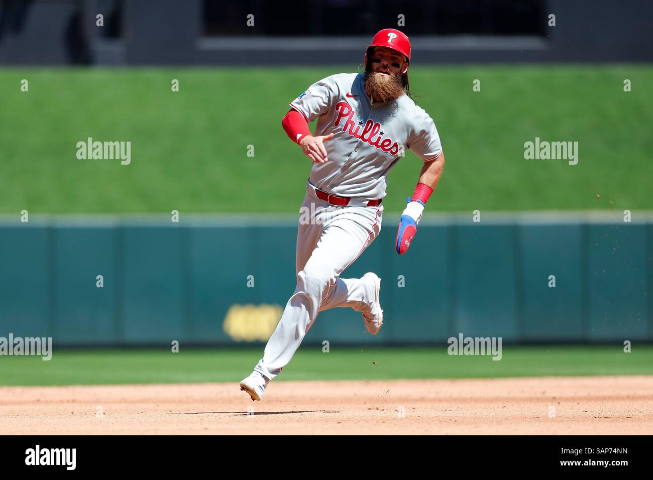 Brandon Marsh #16 of the Philadelphia Phillies runs to third base ...