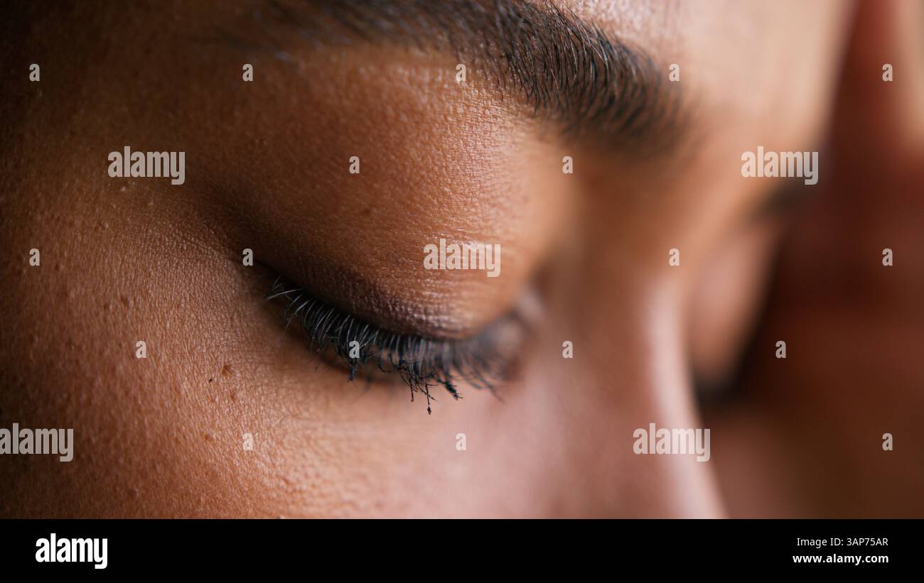 Close up touching forehead tense African American woman female girl ...