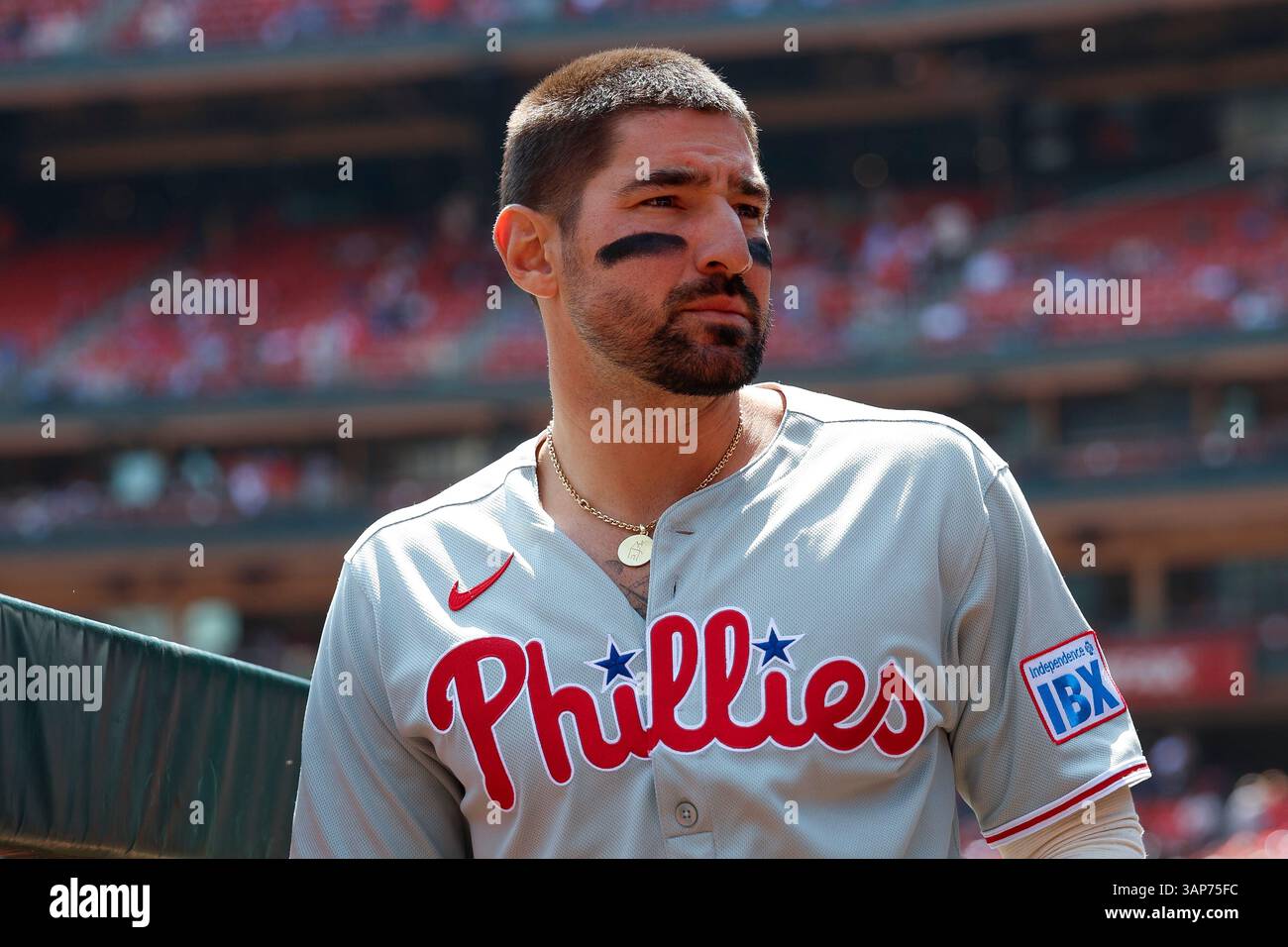 Nick Castellanos #8 of the Philadelphia Phillies looks on prior to a ...